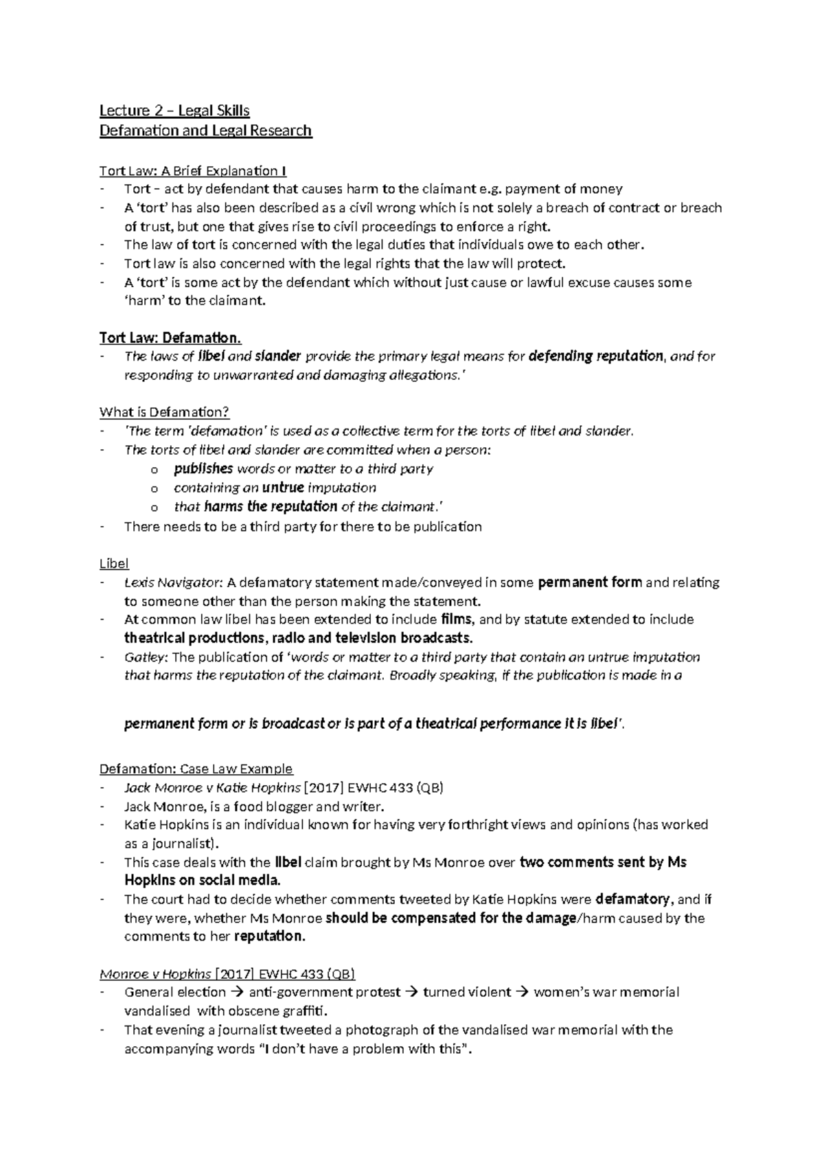 Lecture 2 - legal skills - Lecture 2 – Legal Skills Defamation and Legal Research Tort Law: A ...
