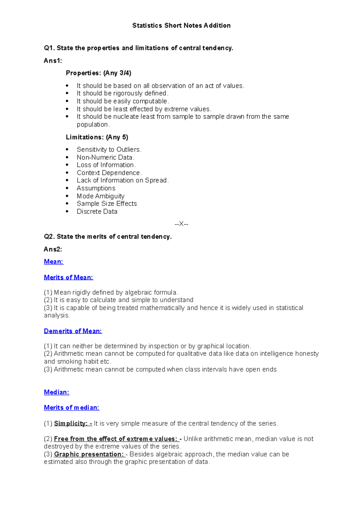 Statistics Short Notes Addition - State the properties and limitations ...