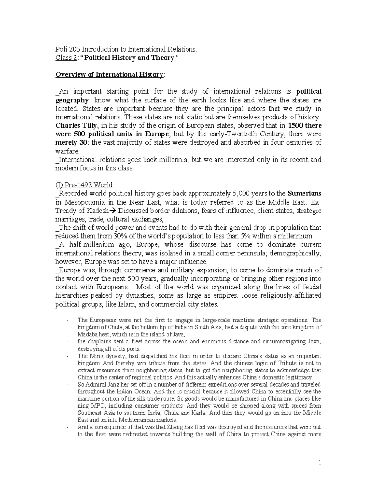 Poli 205 Class 2 Political History student - Poli 205 Introduction to International Relations ...