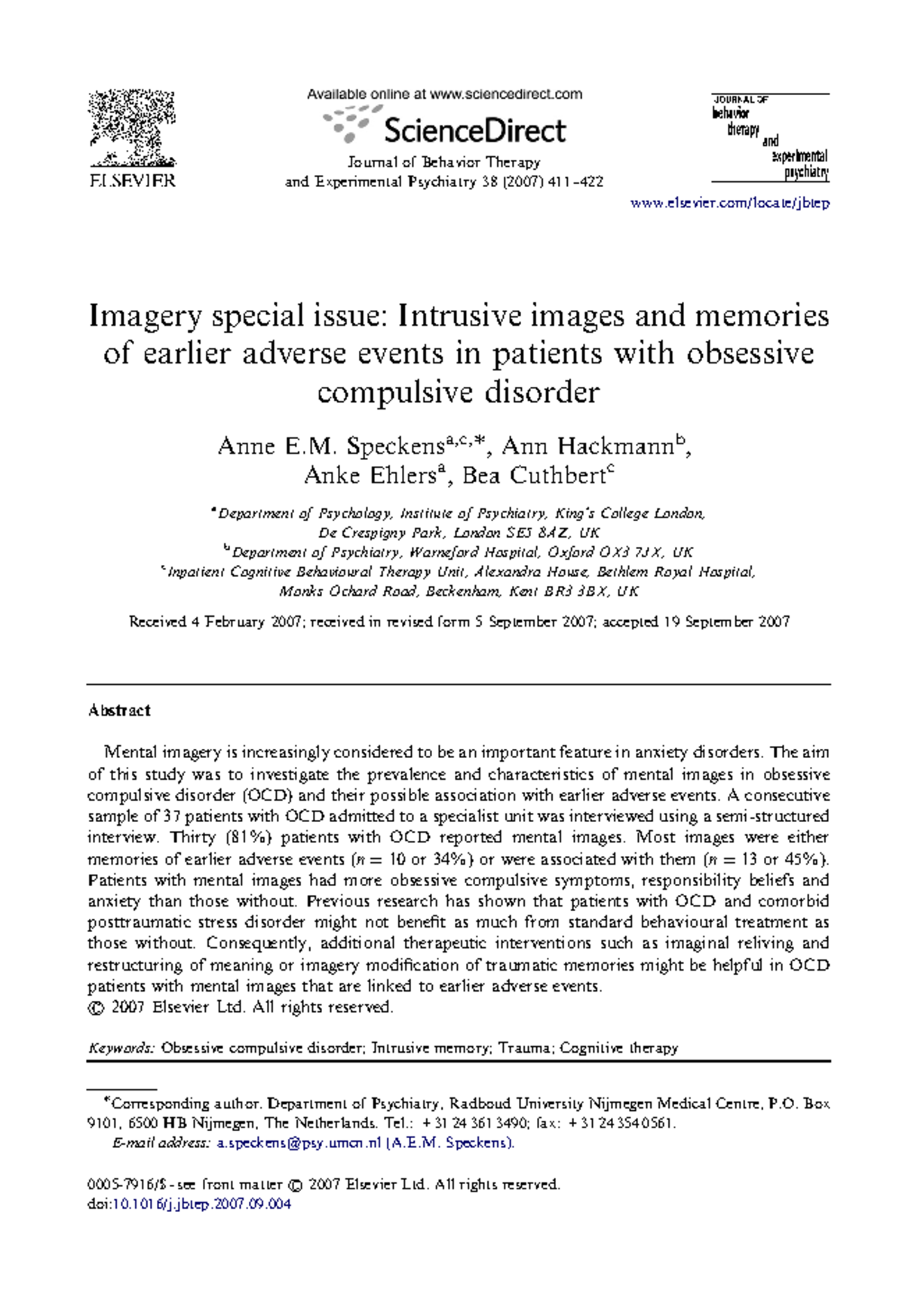 Imagery special issue Intrusive images and memories - Speckens a,c ...