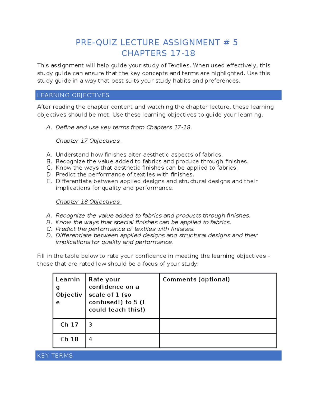 Pre Quiz Lecture Assignment 5 - PRE-QUIZ LECTURE ASSIGNMENT # 5 CHAPTERS 17- This assignment ...