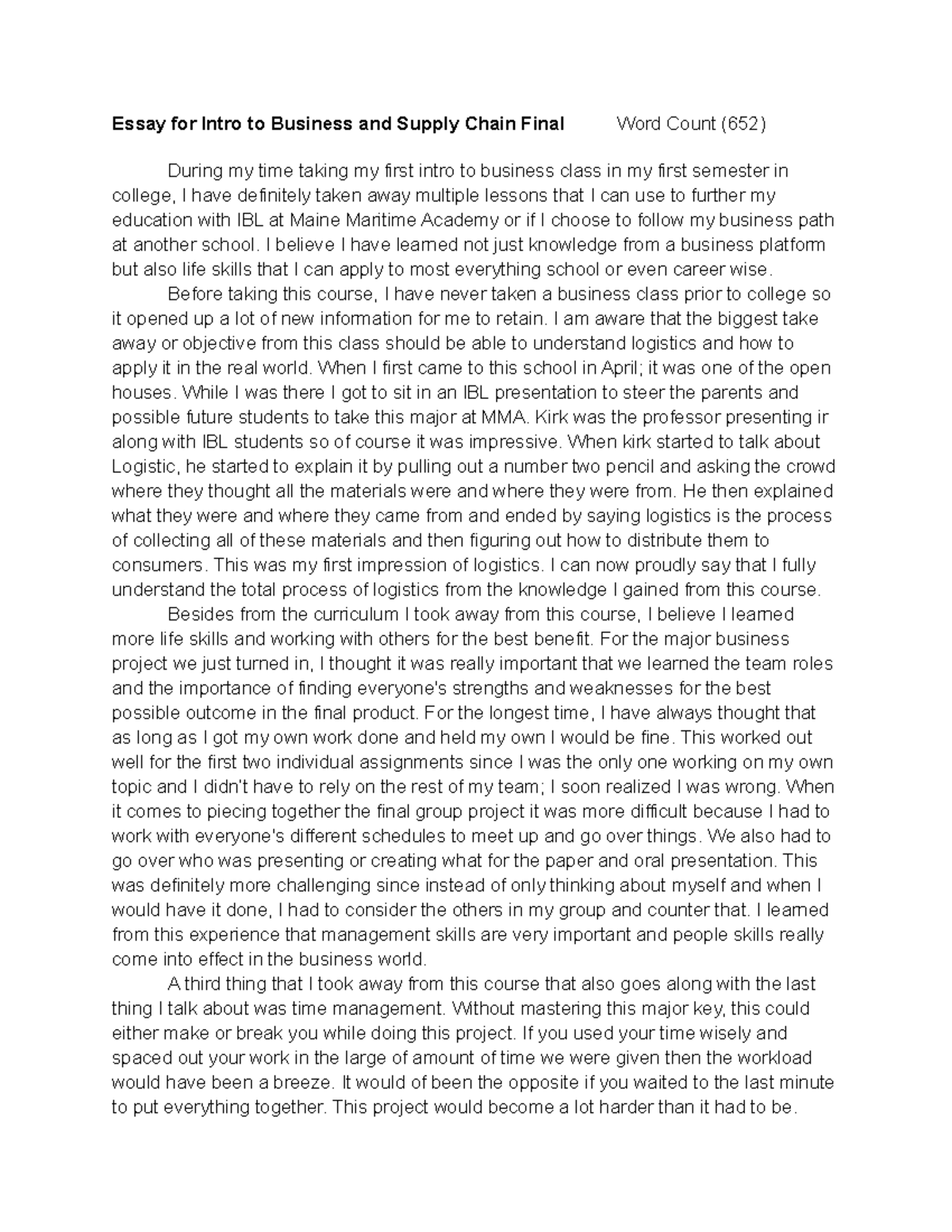 Essay for Intro to Business and Supply Chain Final - I believe I have ...