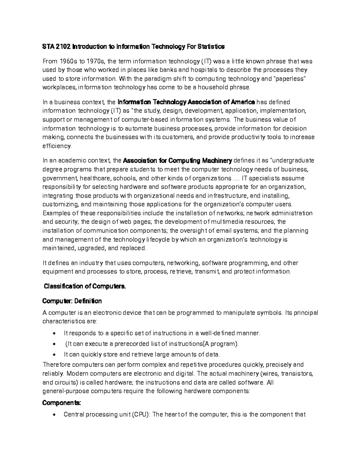 STA 2102 Information Technology For Statistics - STA 2102 Introduction to Information Technology ...