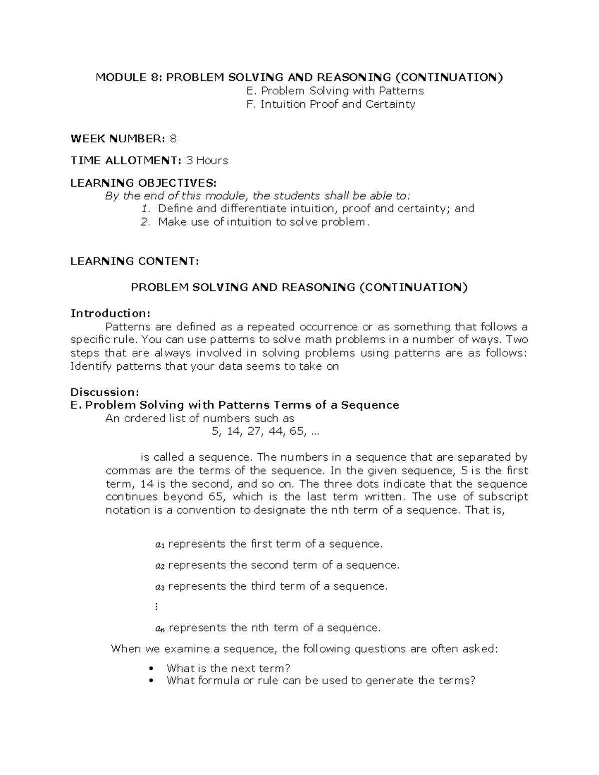 GEC 005 WEEK 8 MATHEMATICS - MODULE 8: PROBLEM SOLVING AND REASONING (CONTINUATION) E. Problem ...