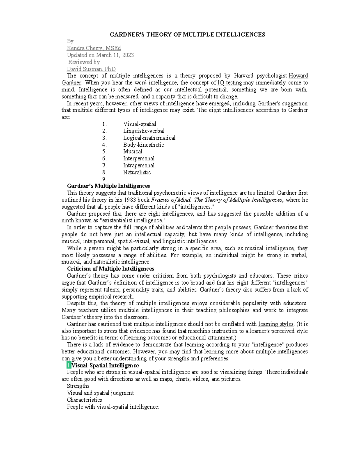 Multiple Intelligence ( Gardner) - GARDNER'S THEORY OF MULTIPLE ...