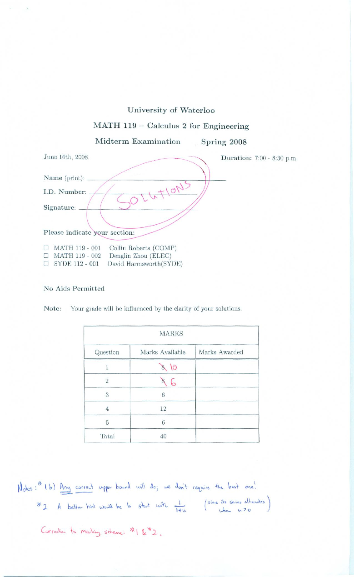 Exam 2008, questions and answers - midterm - MATH 119 - Studocu