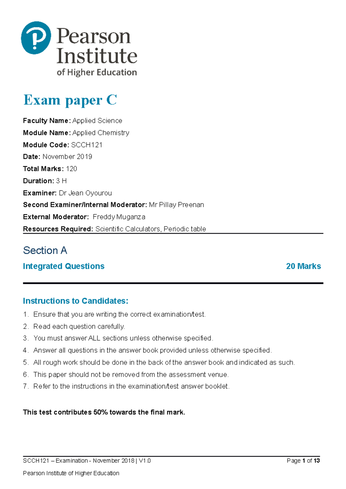 SCCH121 Paper C 2018 - Exam paper C Faculty Name: Applied Science ...