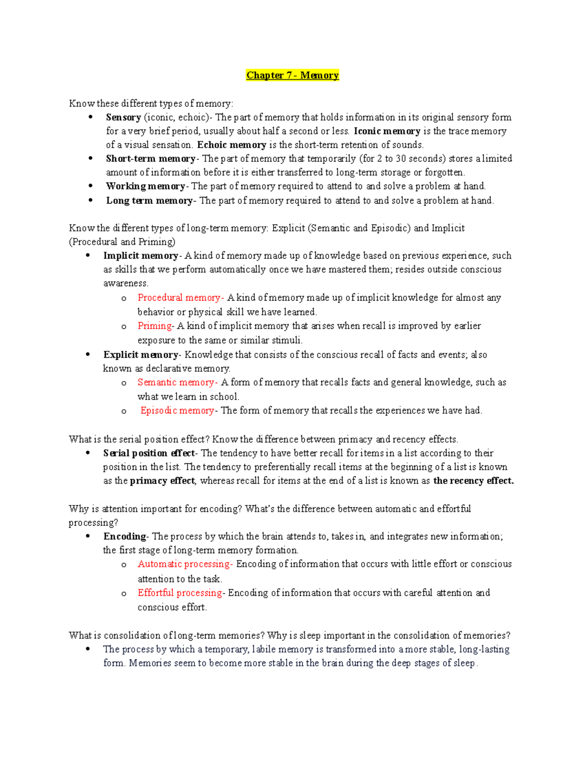 Chapter 7 - Memory - Chapter 7 - Memory Know these different types of memory: Sensory (iconic ...