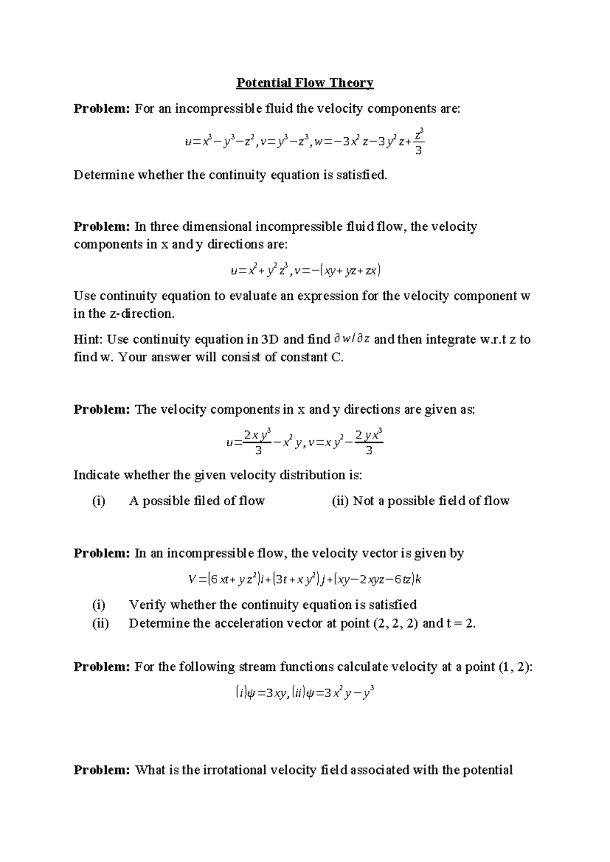 Lect Potential Flow theory - Potential Flow Theory Problem: For an ...