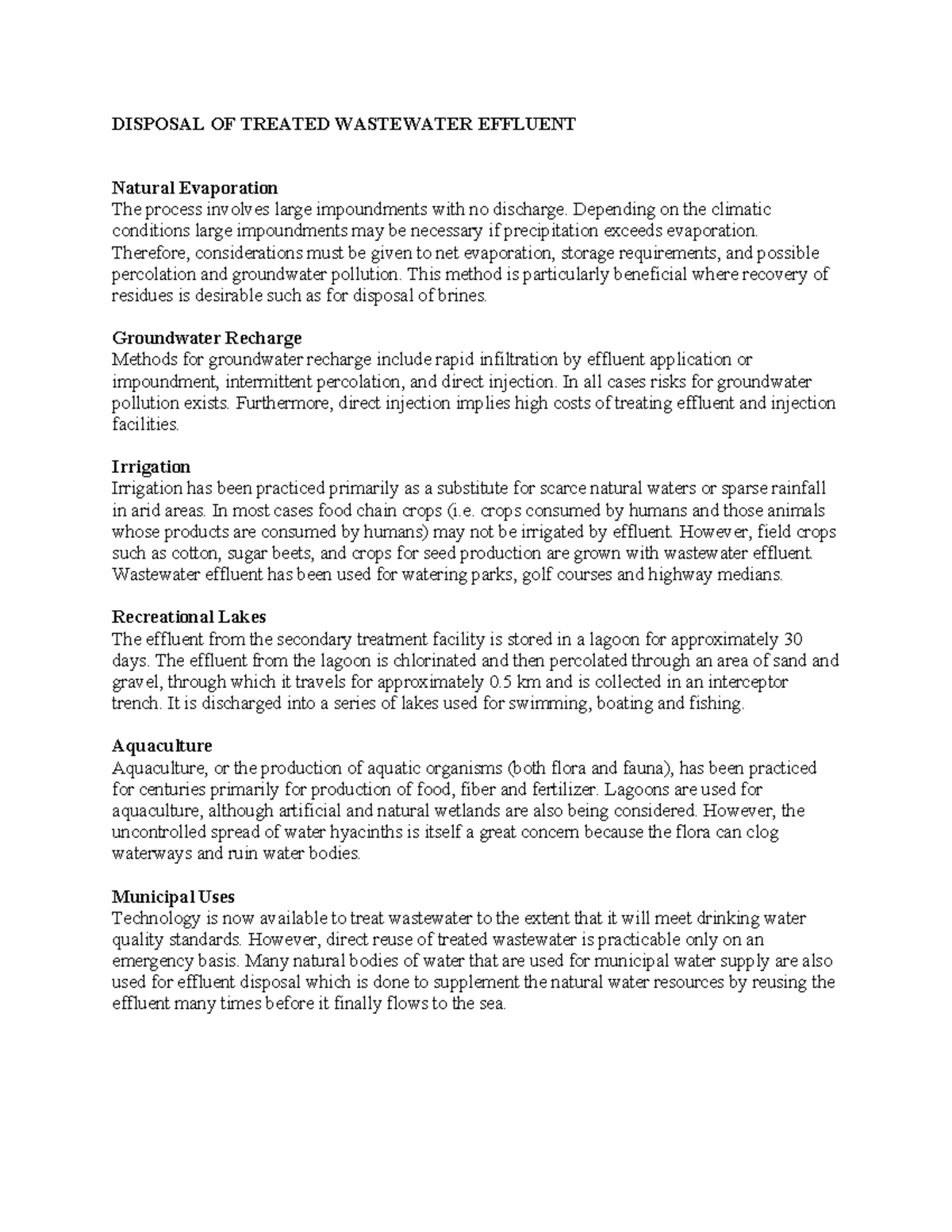 Disposal of waster water effluent - DISPOSAL OF TREATED WASTEWATER ...