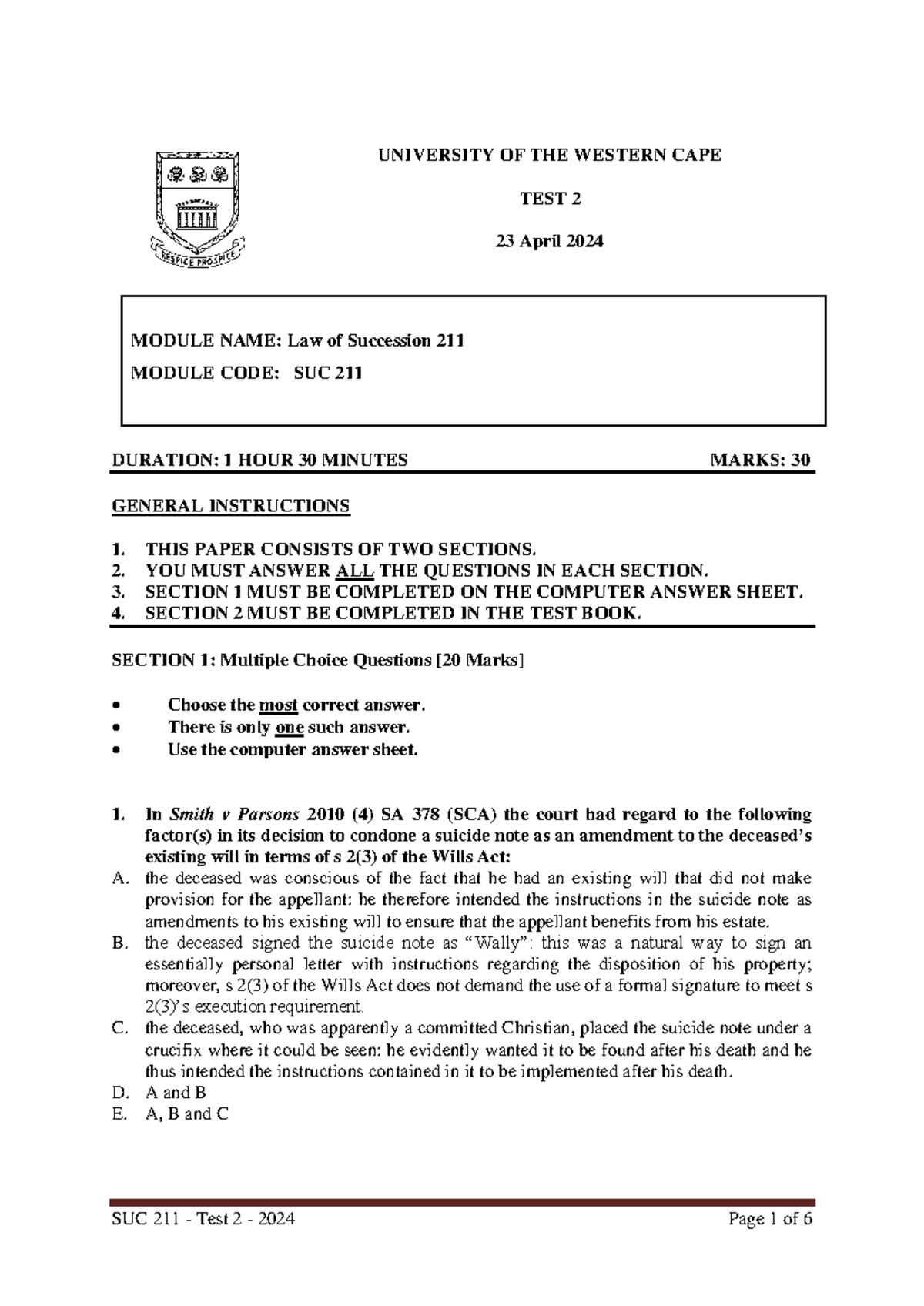 T2 2024 suc 211 - done - UNIVERSITY OF THE WESTERN CAPE TEST 2 23 April ...