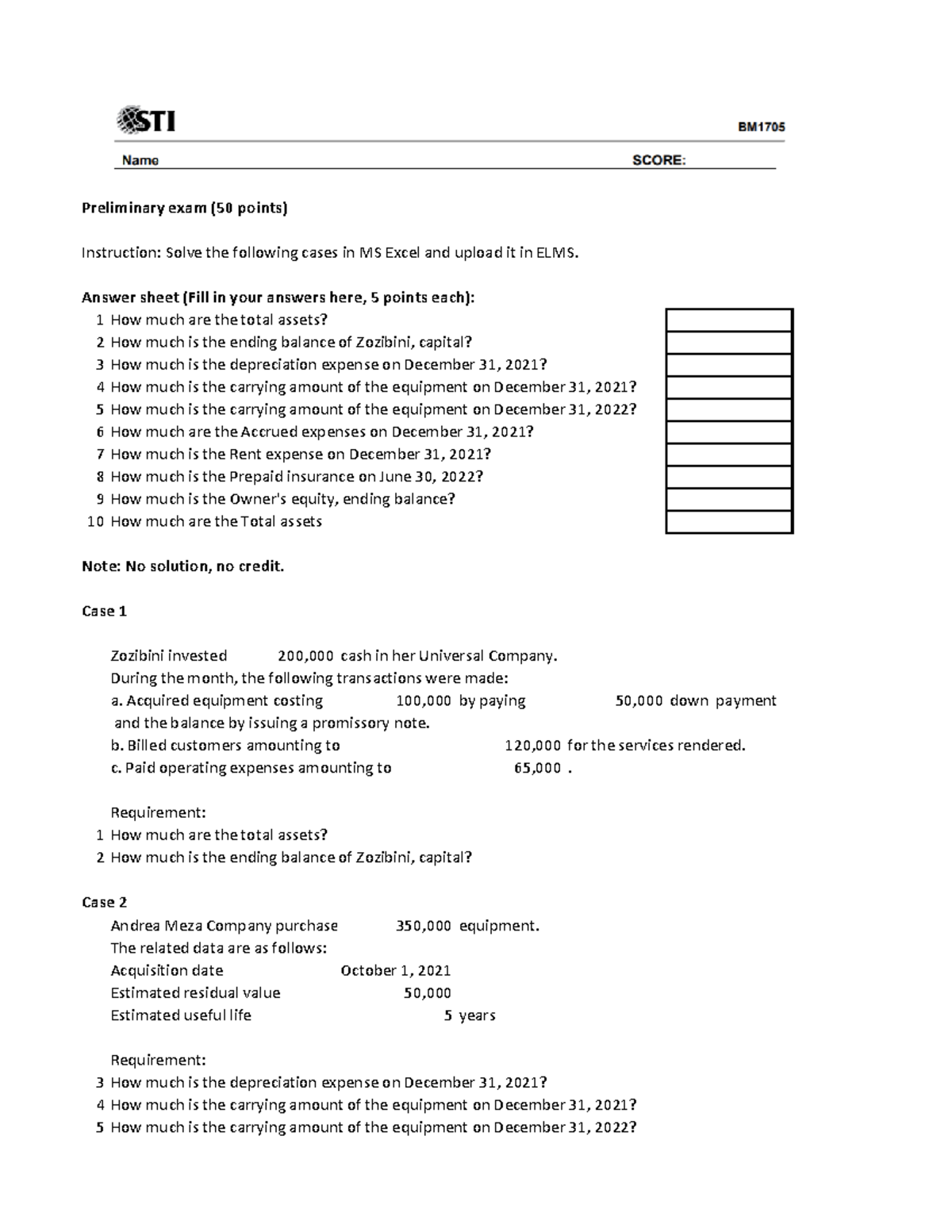 Prelim exam BM1705 Basic Accounting - Preliminary exam (50 points ...