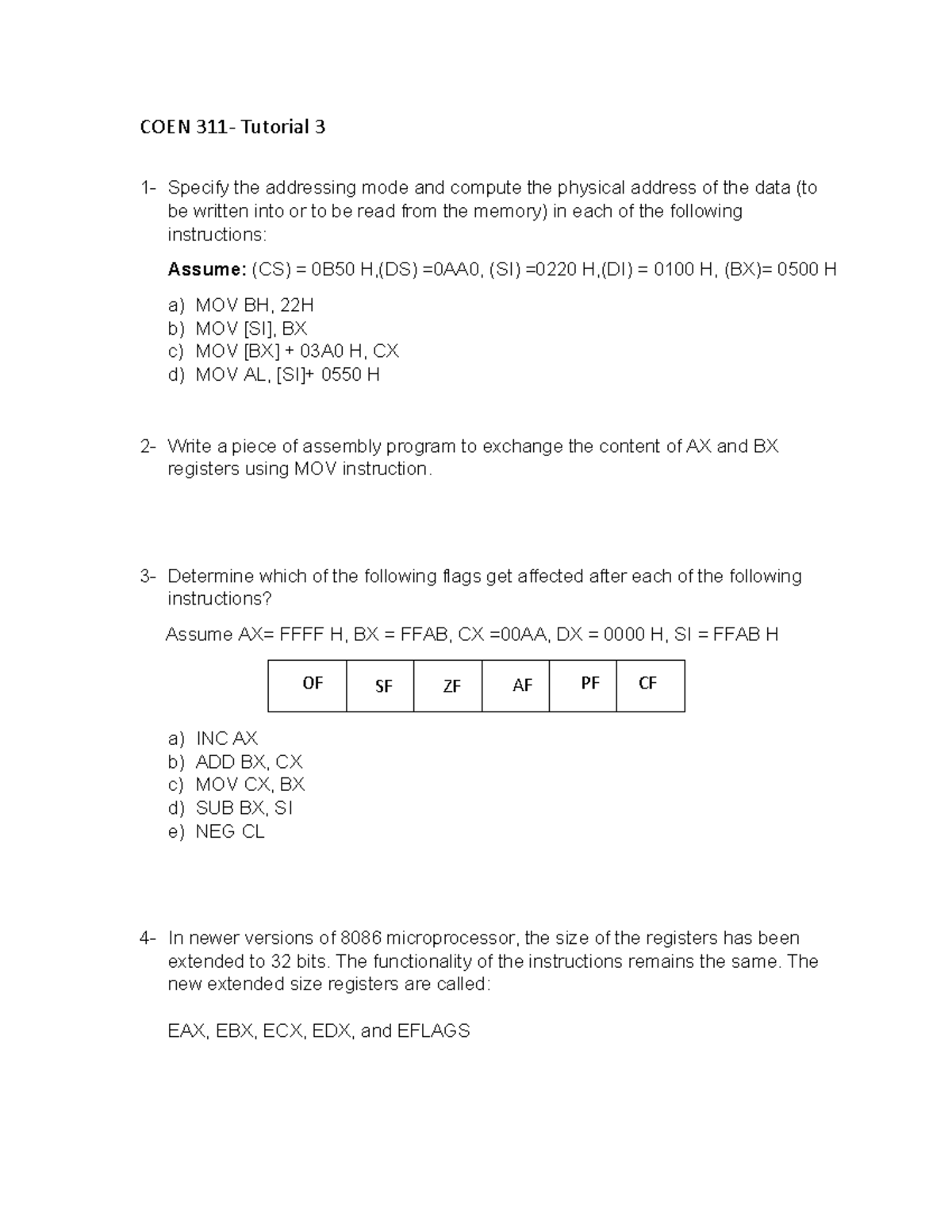 Tutorial 3 coen 311 Questions - Memory - COEN 311- Tutorial 3 1 ...