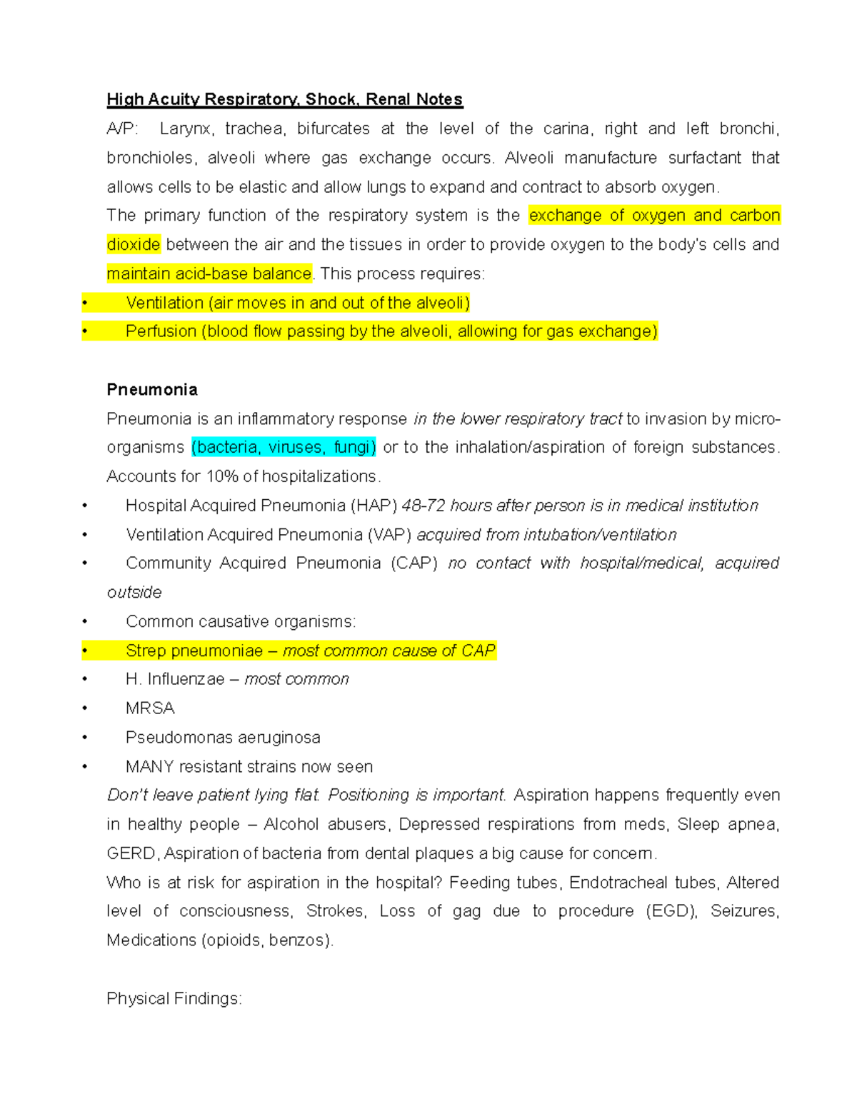 High Acuity Exam 2 Notes[ 5254] - High Acuity Respiratory, Shock, Renal ...