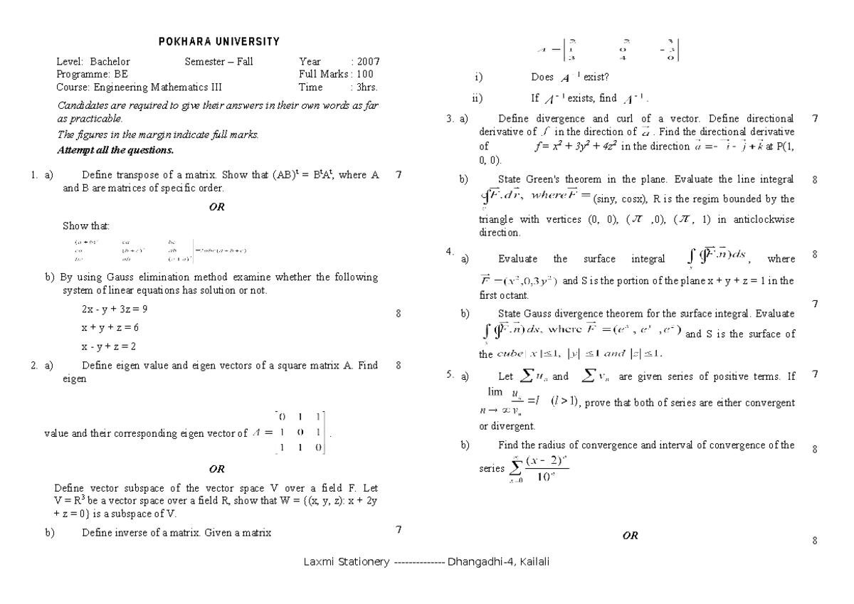 Engineering Mathematics III fall 2007 - POKHARA UNIVERSITY Level ...