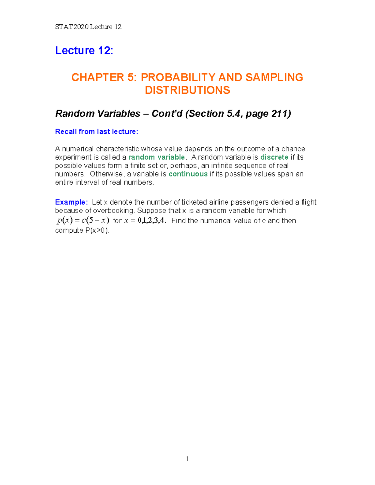 Lec12 blank - math - Lecture 12: CHAPTER 5: PROBABILITY AND SAMPLING DISTRIBUTIONS Random ...