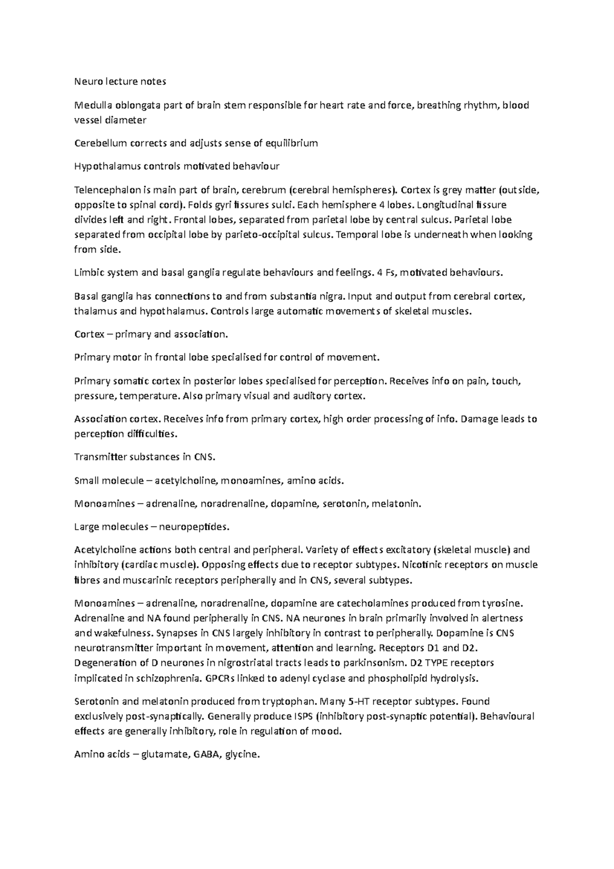 Neuro lecture notes - Neuro lecture notes Medulla oblongata part of ...