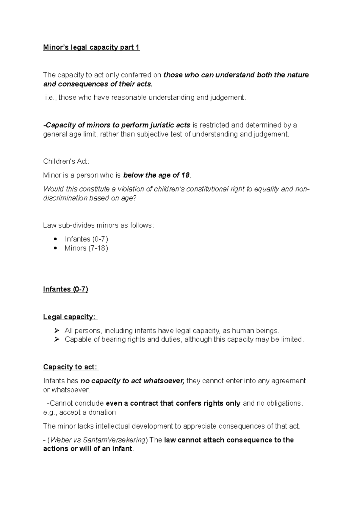 Week 7 (Legal Capacity of a Minor) - Minor’s legal capacity part 1 The ...