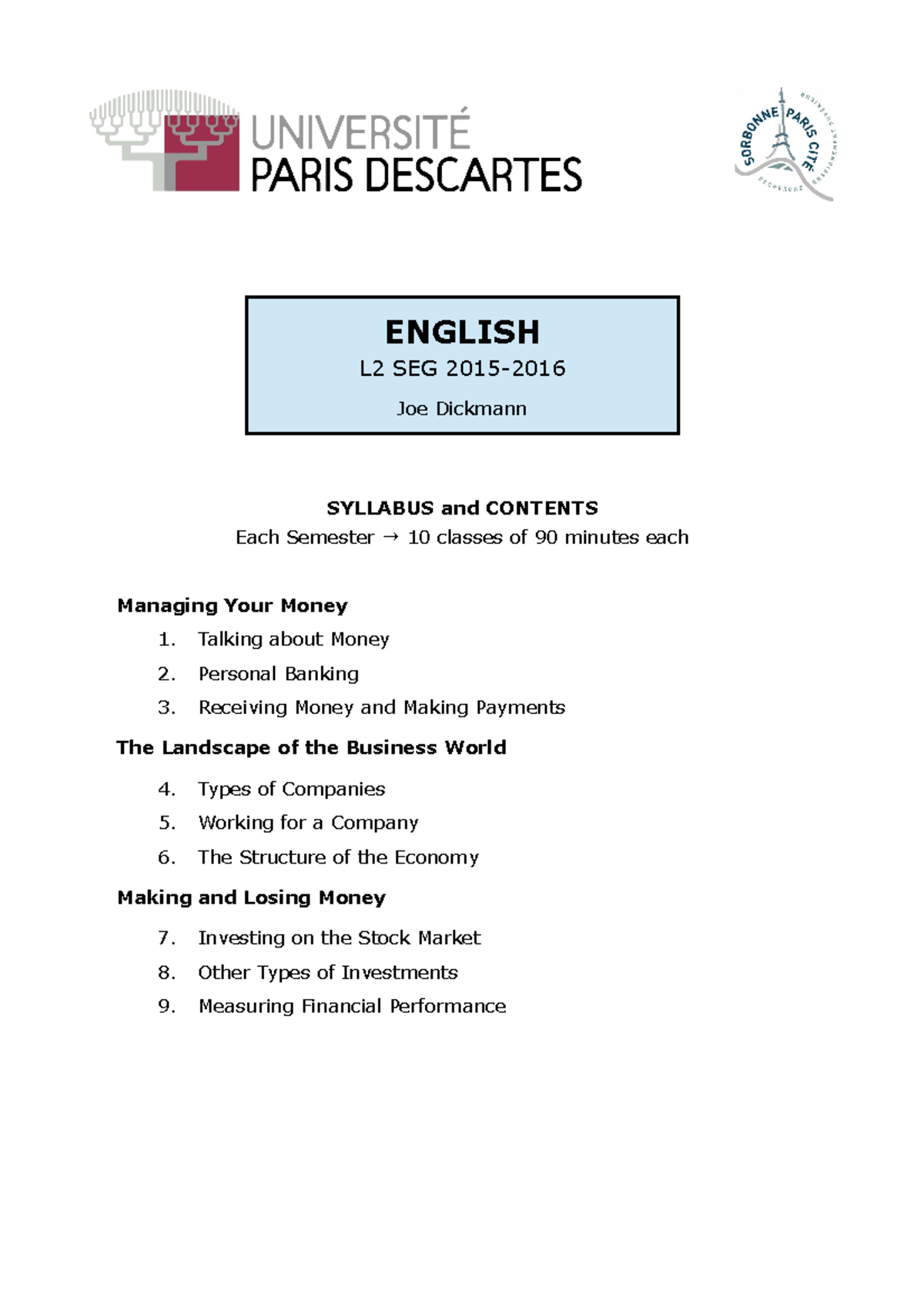 L2 SEG English Course Packet - SYLLABUS and CONTENTS Each Semester → 10 ...