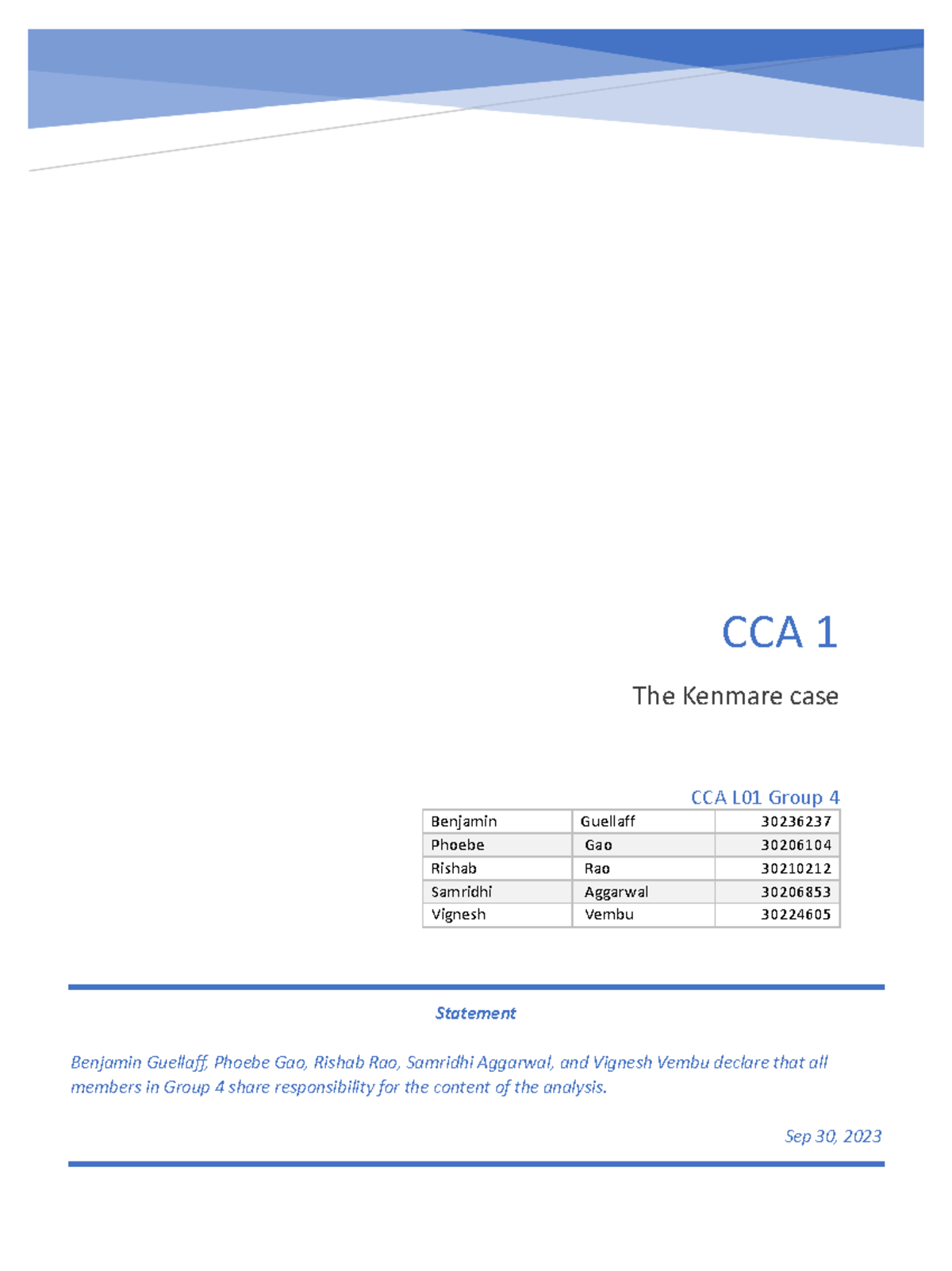 CCA case Acct group 4 final - CCA 1 The Kenmare case CCA L01 Group 4 ...