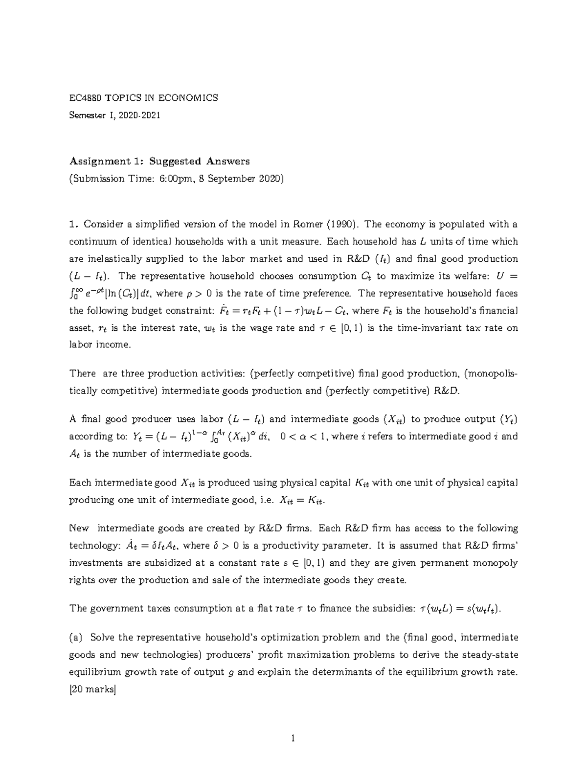 Assignment 1 answer - EC4880 TOPICS IN ECONOMICS Semester I, 2020 ...