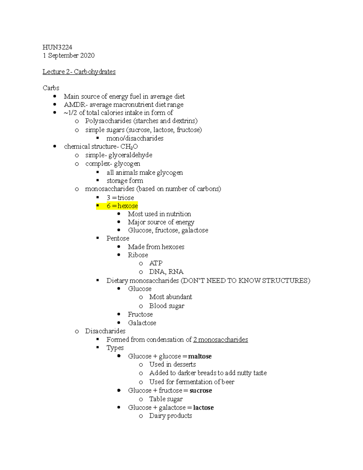 Carbohydrates - Lecture notes 2 - HUN 1 September 2020 Lecture 2 ...