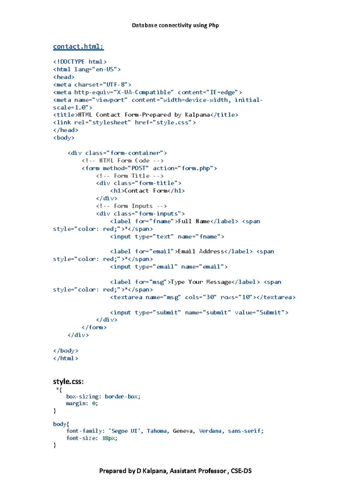 Database file - Database connectivity using Php Prepared by D Kalpana, Assistant Professor , CSE ...