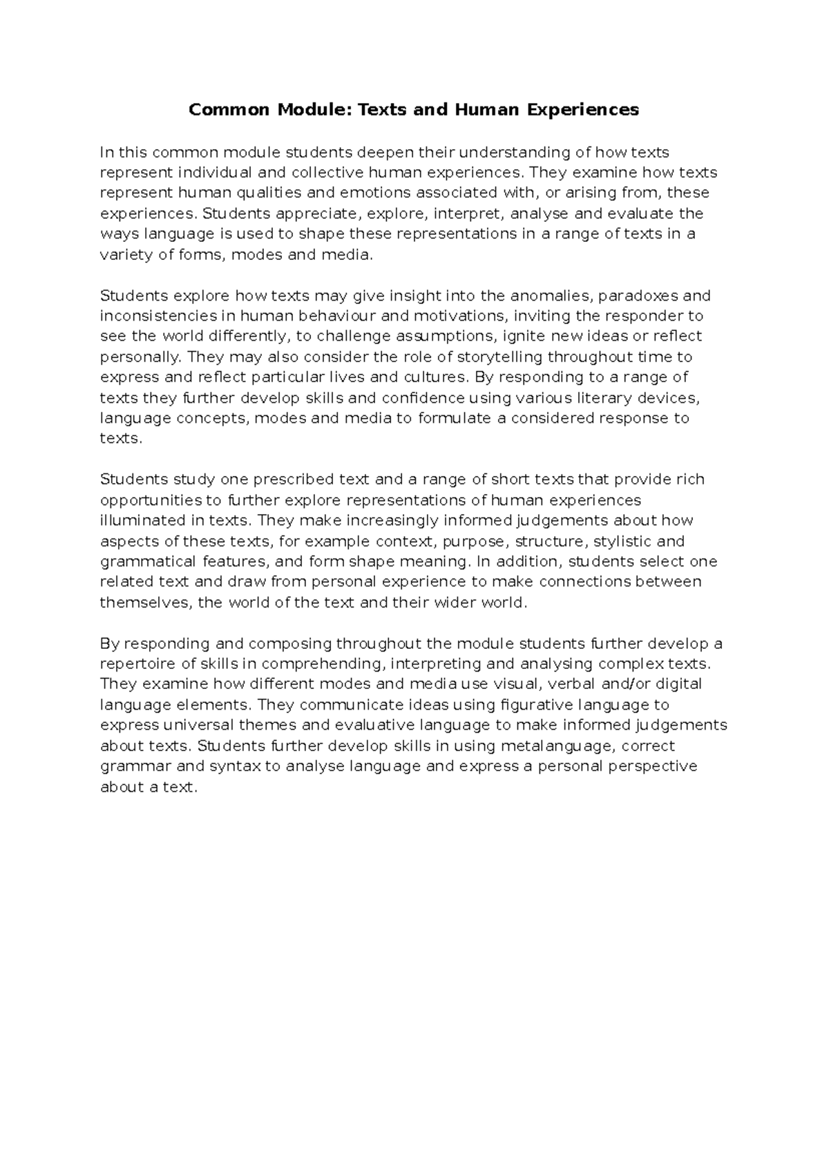 Common Module Rubric - Common Module: Texts and Human Experiences In ...
