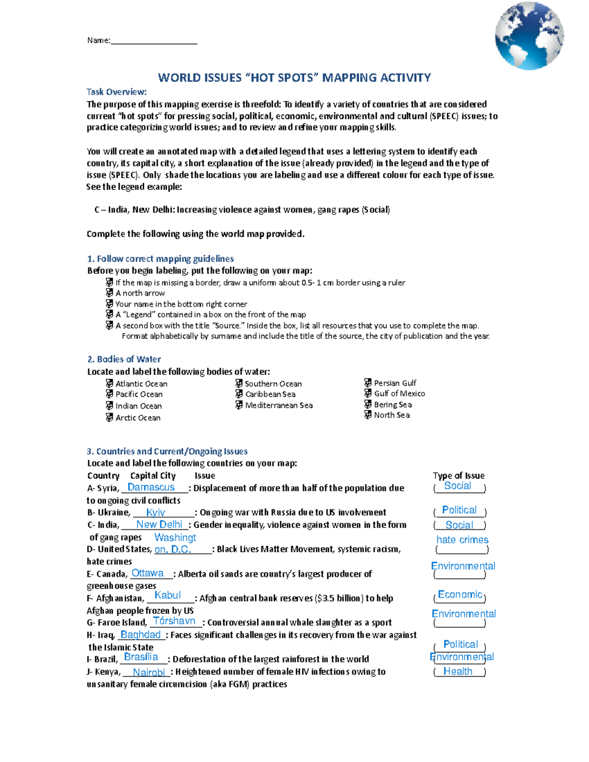 (2023-24) - Name:____________________ WORLD ISSUES “HOT SPOTS” MAPPING ...