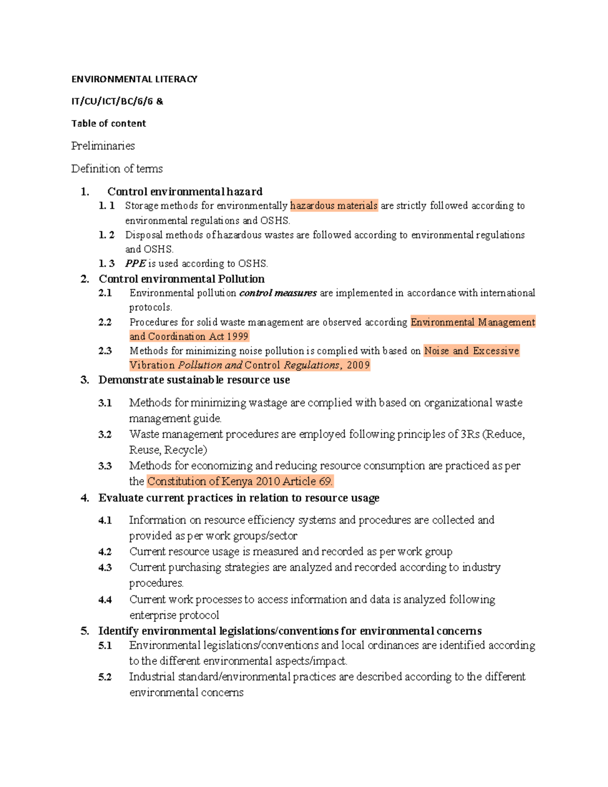 Course Outline - notes - ENVIRONMENTAL LITERACY IT/CU/ICT/BC/6/6 ...