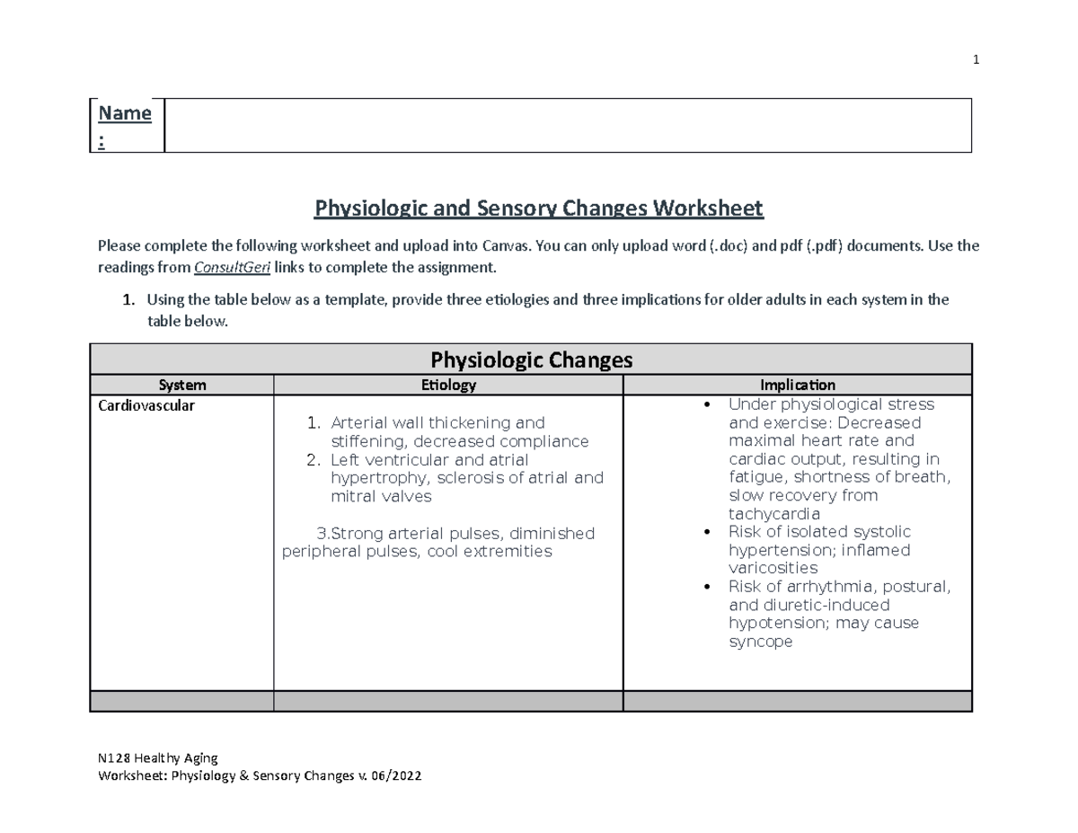 Physiology and Sensory Worksheet April 2023 Cohort-2 (1) - Name : Physiologic and Sensory ...