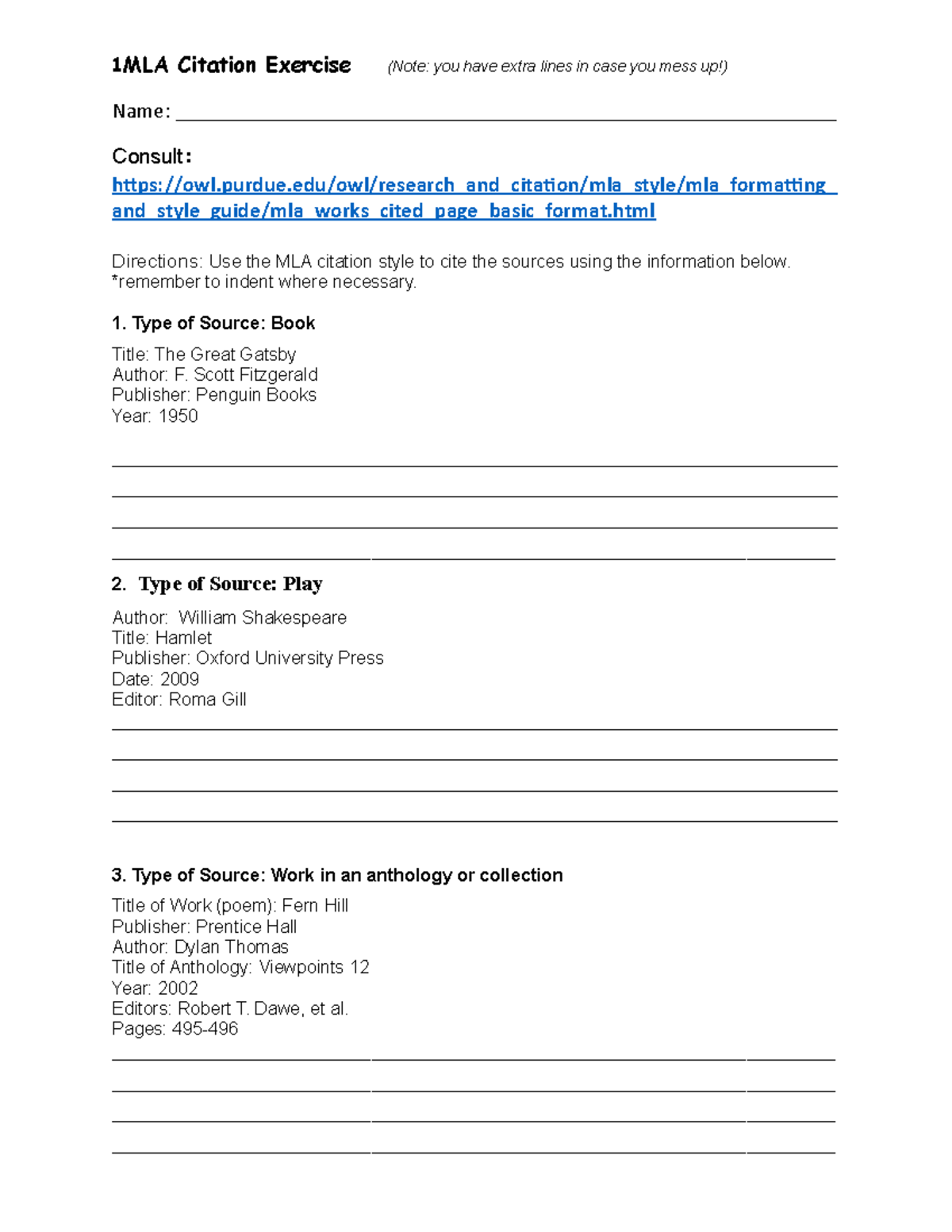 MLA Citation Exercise Questions Feb 2022 shortened - 1 MLA Citation Exercise (Note: you have ...