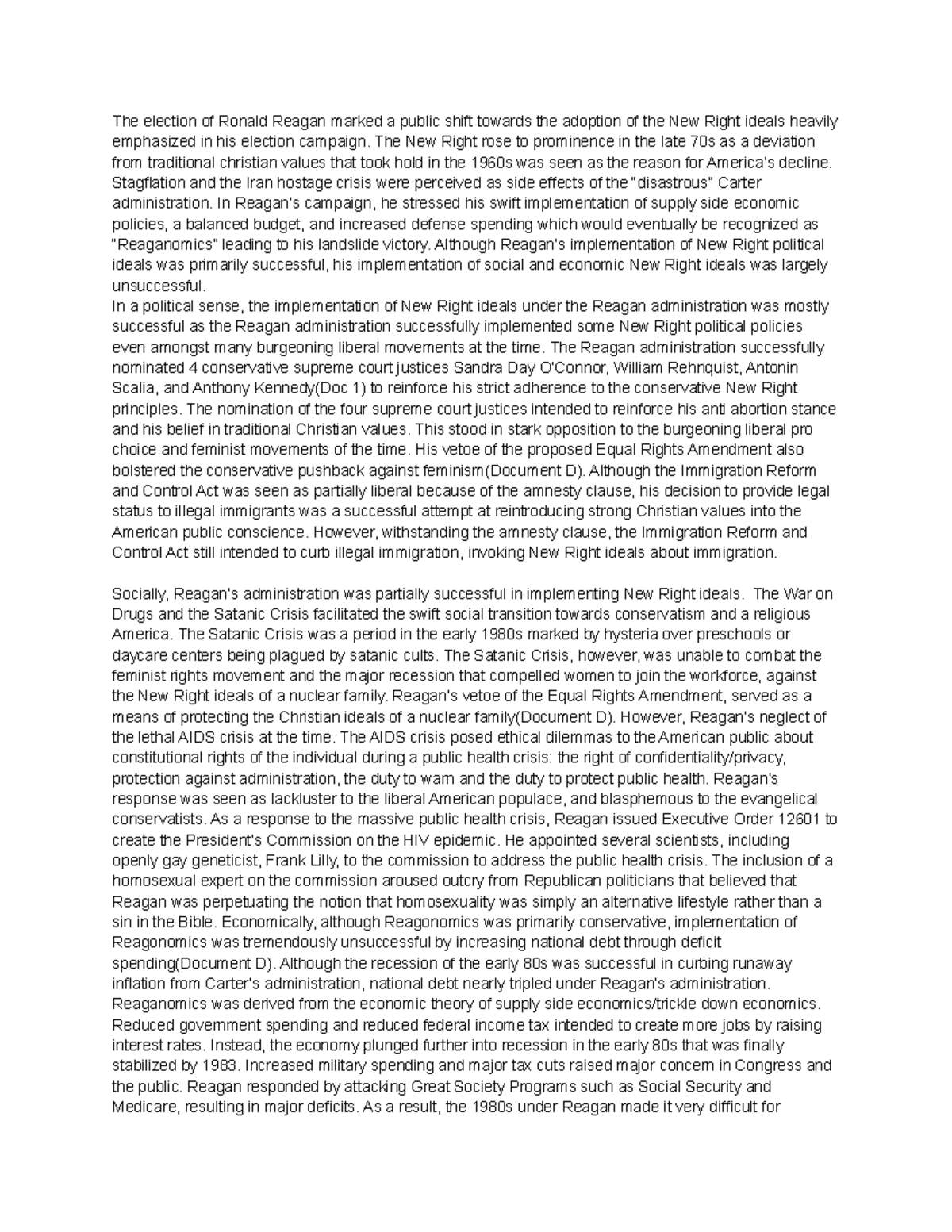 New Right and Ronald Reagan DBQ - The election of Ronald Reagan marked ...