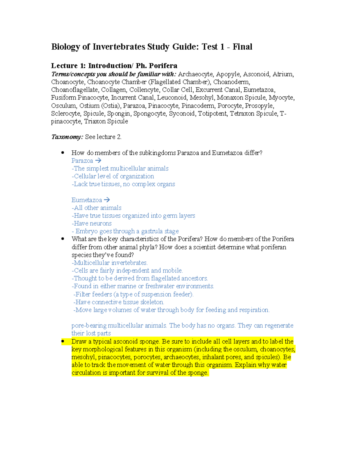 Study Guide Test 1 - Answers to questions that can be asked on test 1 ...