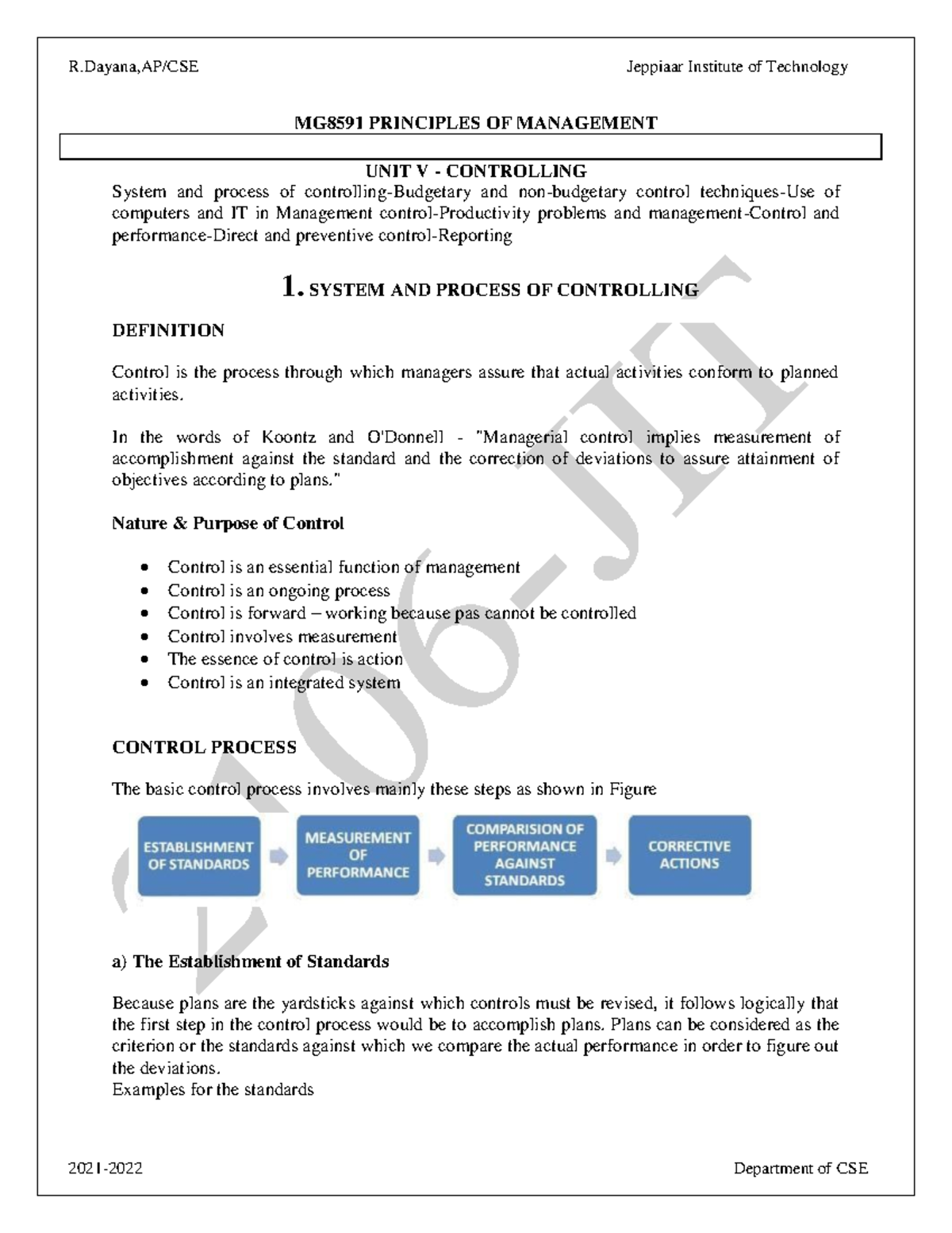 POM UNIT 5 - . Ni - MG8591 PRINCIPLES OF MANAGEMENT UNIT V - CONTROLLING System and process of ...