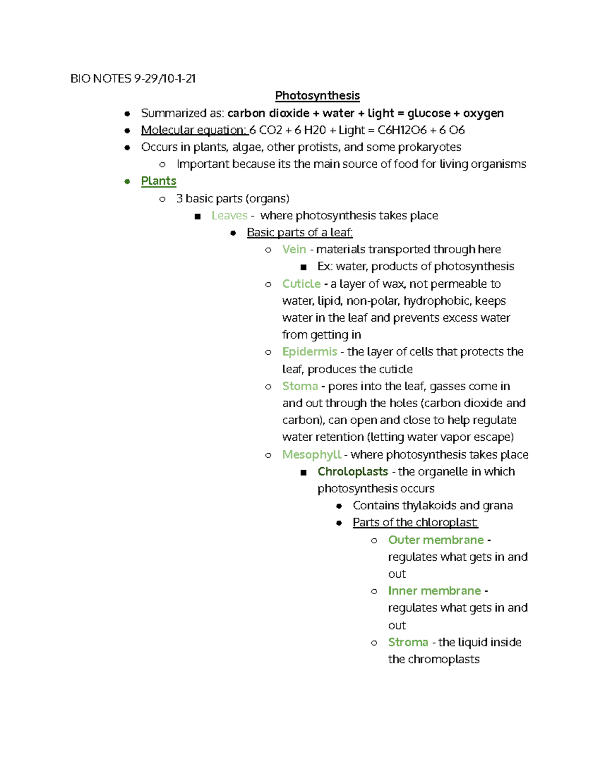 BIO Notes photosynthesis - BIO NOTES 9-29/10-1- Photosynthesis ...