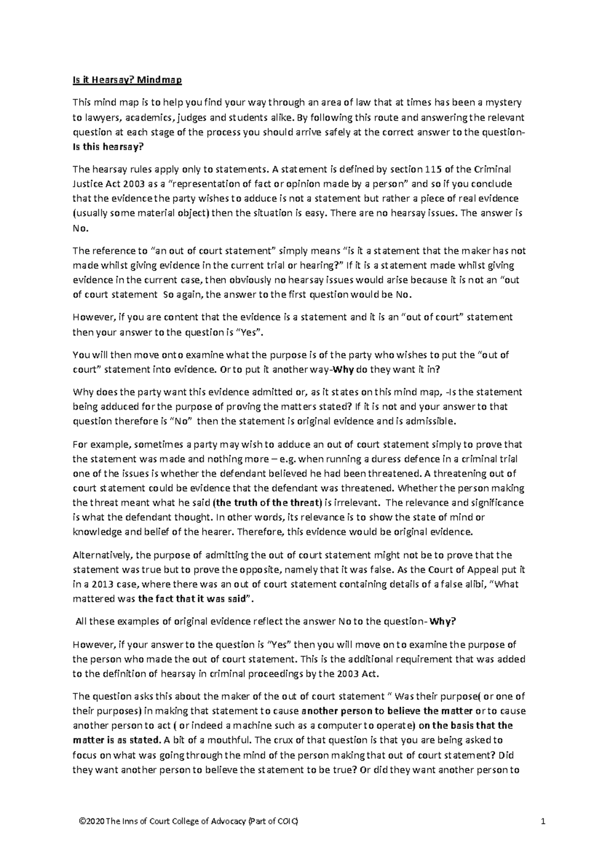 2. Mindmap Transcript Is it Hearsay Crim U6S1 - ©2020 The Inns of Court ...