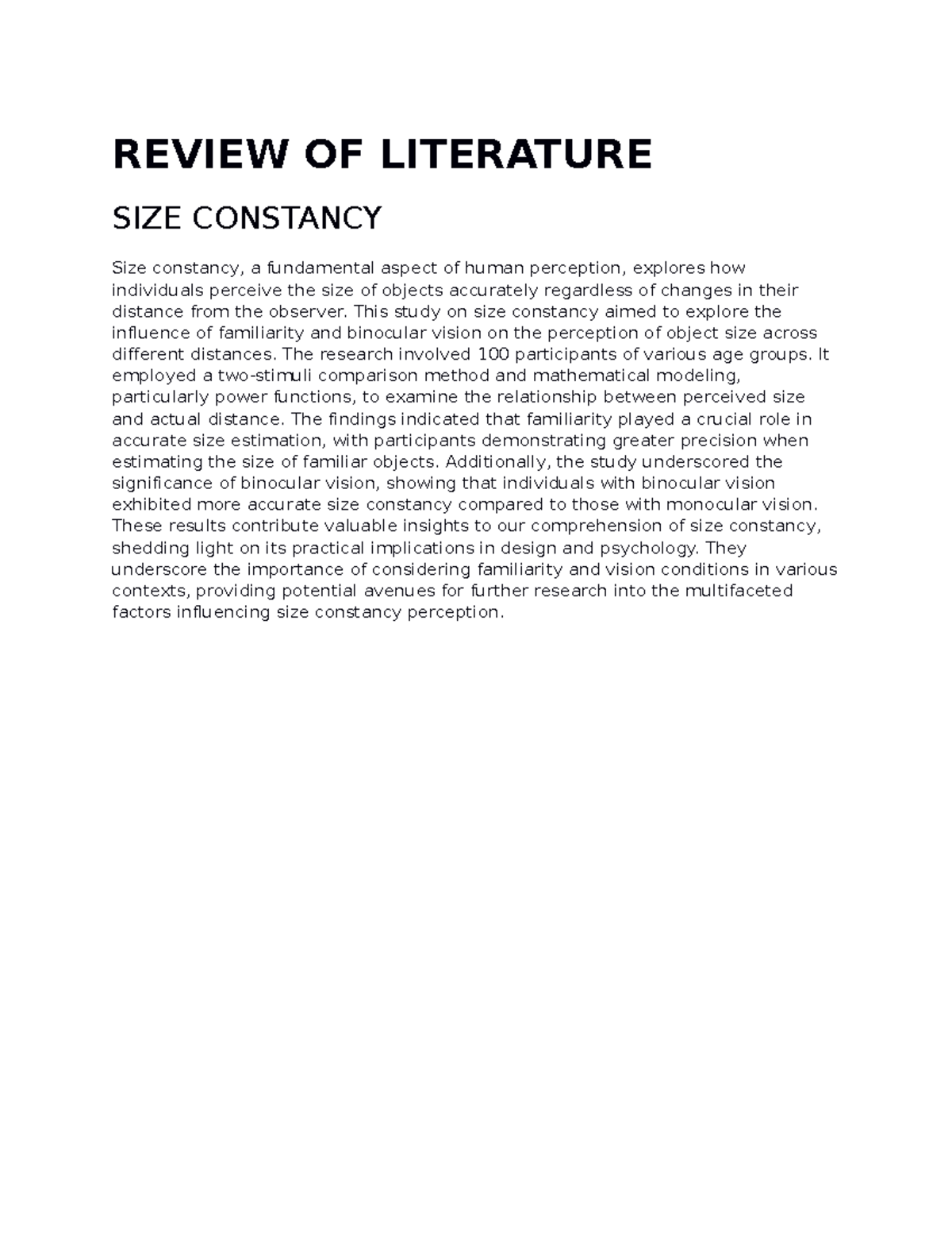 ROL - review of literature - REVIEW OF LITERATURE SIZE CONSTANCY Size ...
