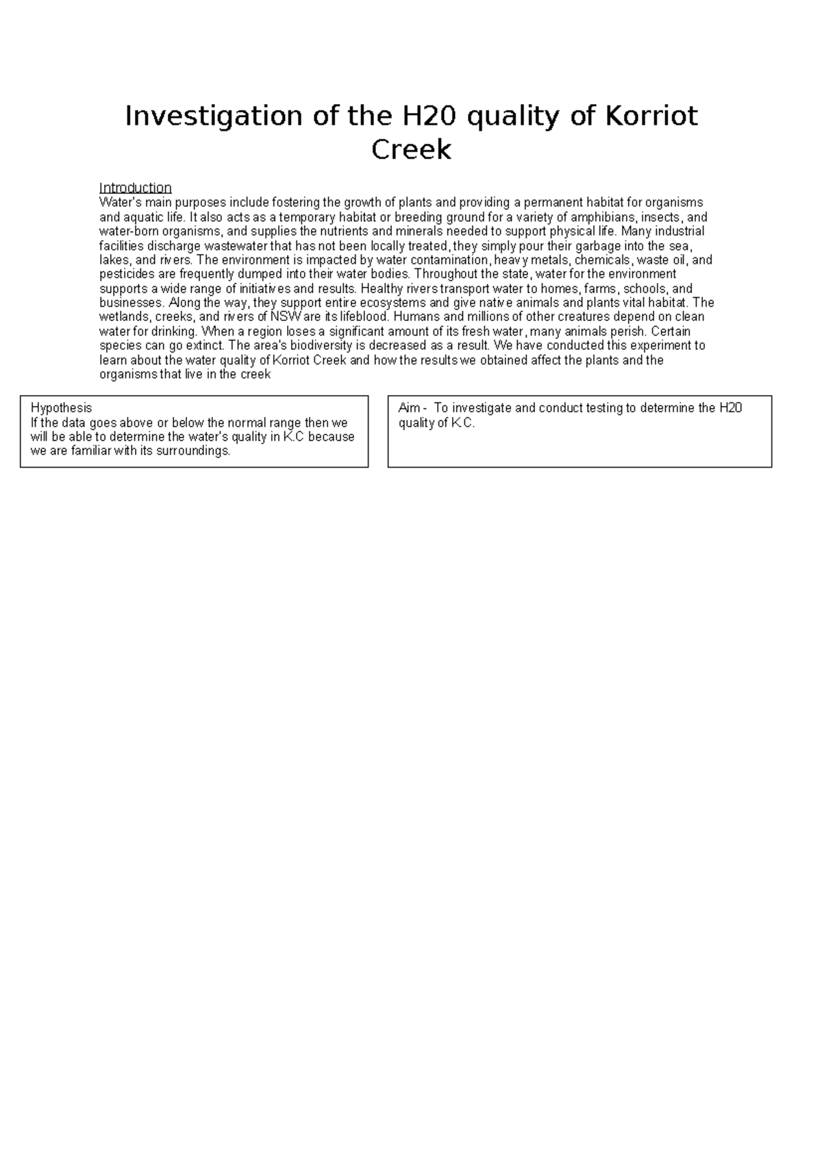 Investigation of the H20 quality of Korriot Creek - Investigation of ...
