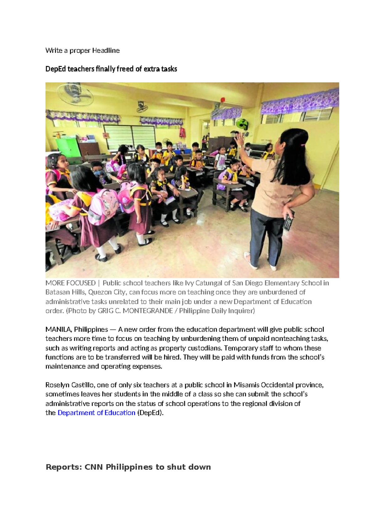 Headline writing Activity - Write a proper Headline DepEd teachers ...
