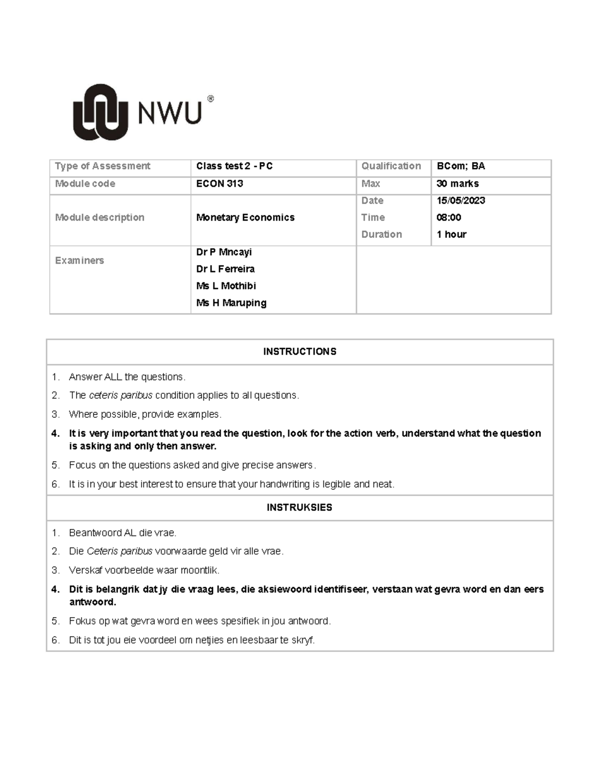 ECON 313 Class test 2 Memo - Type of Assessment Class test 2 - PC ...