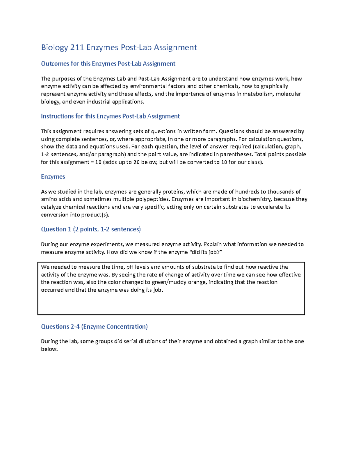 Biology 211 Enzymes Post-Lab Assignment - Biology 211 Enzymes Post-Lab Assignment Outcomes for ...