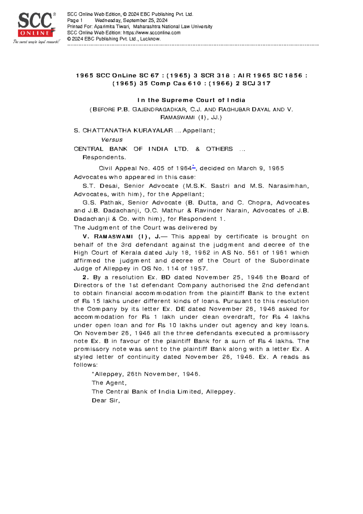 Chatnatha Kurayala v. Central Bank AIR 1965 SC 1856 - 1965 SCC OnLine ...