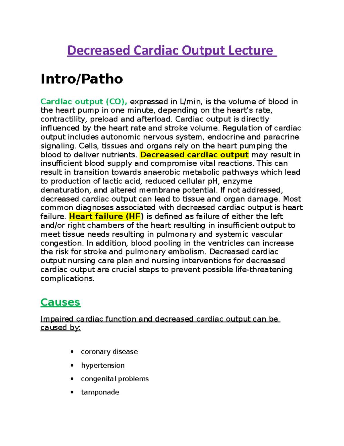 Decreased Cardiac Output Lecture Decreased Cardiac Output Lecture Intropatho Cardiac Output