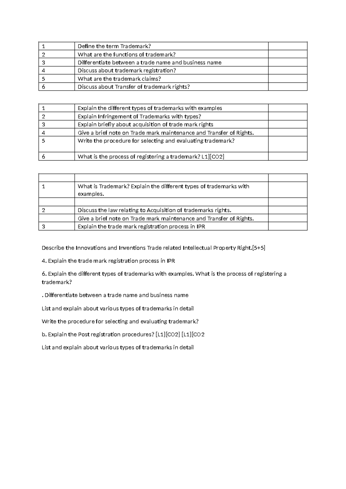 IPR U2 trademark question bank - 1 Define the term Trademark? 2 What ...