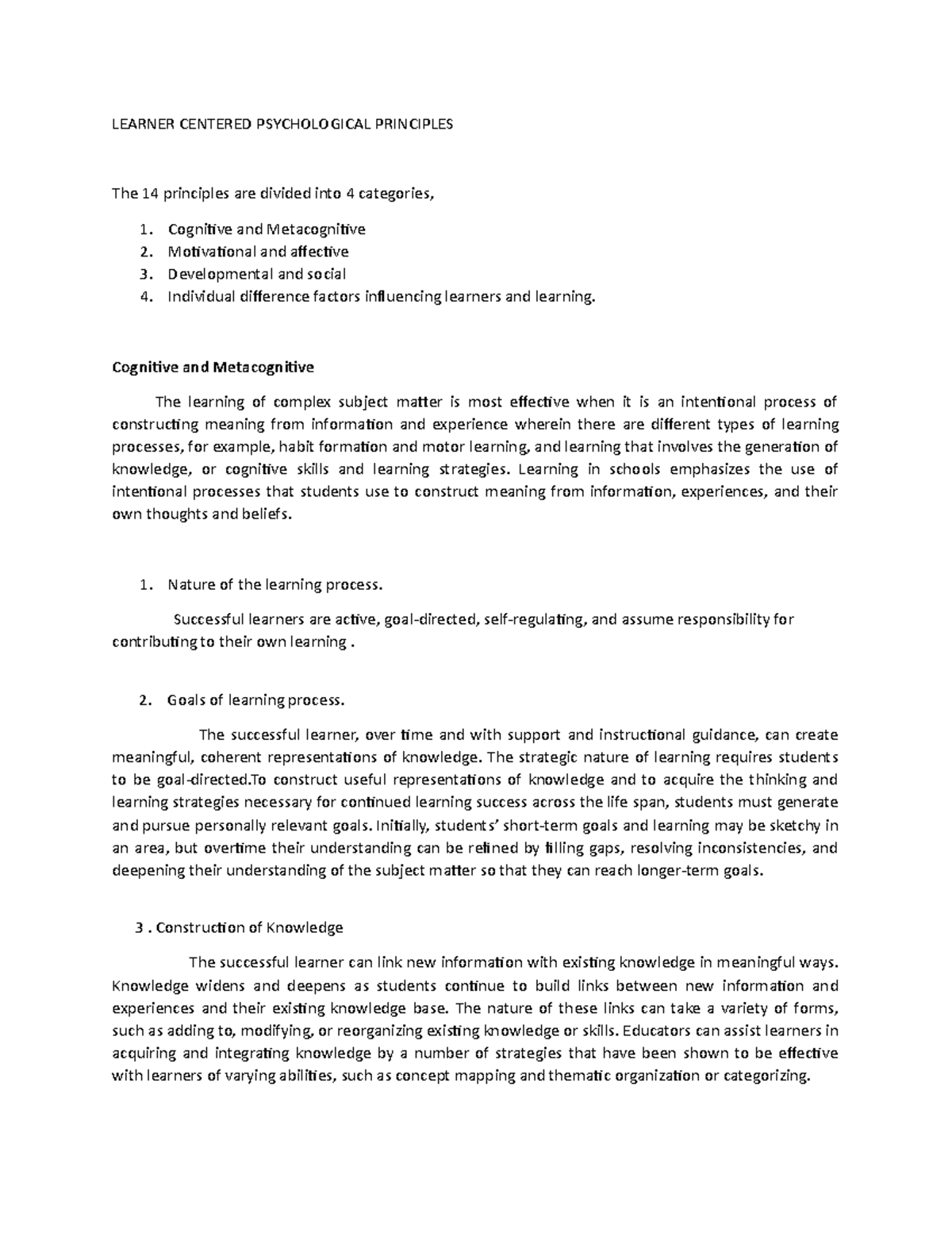 Document - LEARNER CENTERED PSYCHOLOGICAL PRINCIPLES The 14 principles ...