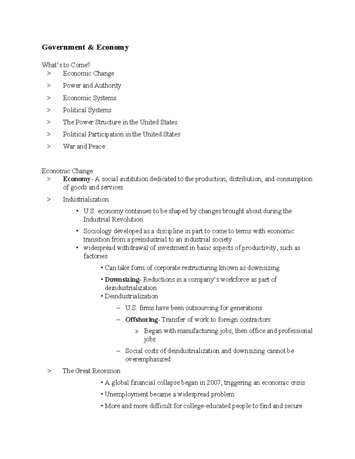 SOC 101 Ch. 9 Government & Economy Outline - Government & Economy What ...