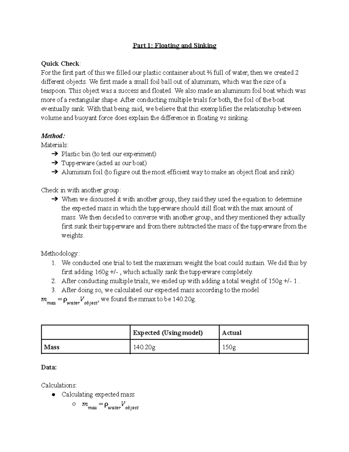 Physics lab 4-Whatever Floats your Boat - Part 1: Floating and Sinking ...