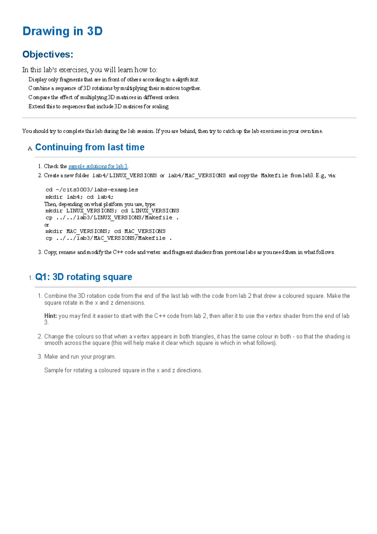Cits3003 lab04 - Drawing in 3D Objectives: In this lab's exercises, you ...