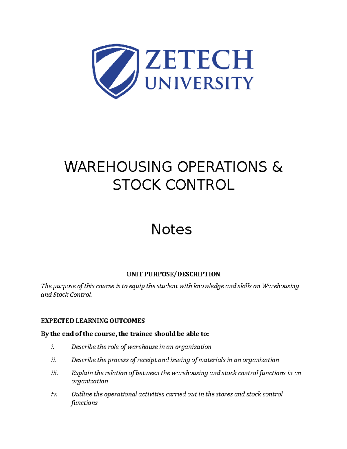 Stores Management AND Stock Control notes - WAREHOUSING OPERATIONS ...